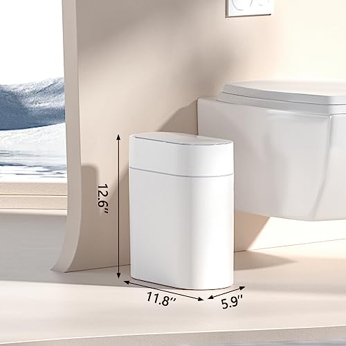 ELPHECO Bathroom Trash Can with Lids, 2.5 Gallon Automatic Trash Can, Motion Sensor Kitchen Trash Can, 9.5 Liter Small Plastic Trash Can Bathroom, Slim Smart Trash Can, Rechargeable,Bag suction, White