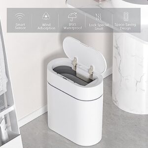 ELPHECO Bathroom Trash Can with Lids, 2.5 Gallon Automatic Trash Can, Motion Sensor Kitchen Trash Can, 9.5 Liter Small Plastic Trash Can Bathroom, Slim Smart Trash Can, Rechargeable,Bag suction, White