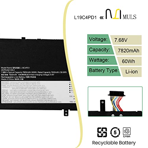 MULS L19C4PD1 L19M4PD1 60Wh Laptop Battery Compatible with Lenovo Yoga 6-13ARE05 6-13ALC6 C640-13IML C640-13IML LTE L19L4PD1 5B10U65275 2ICP5/44/1282 Notebook Battery 4-Cell 7.68V 7820mAh