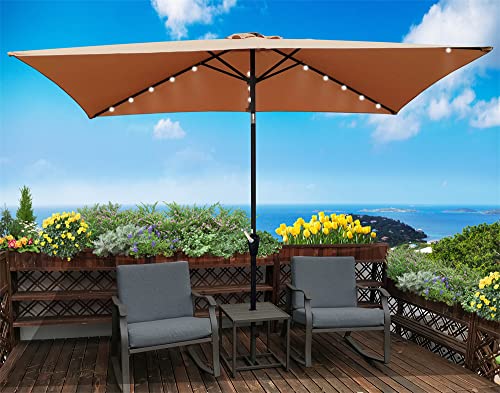 Solar Umbrellas, 10 x 6.5FT Patio Umbrellas with 26 LED Lights, Rectangular Outdoor Umbrellas with Crank and Push Button Tilt Adjustment, Table Market Umbrella for Garden Backyard Pool, Brown