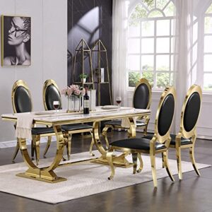 ACEDÉCOR 7-Piece Luxury Dining Room Table Set, Kitchen and Dining Room Set with 6 Black Leather Dining Chairs, White and Gold Dining Table with Stainless Steel Metal U-Base(1 Table+6 Chairs)