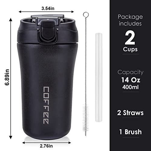 14 oz Travel Coffee Mug, 2 Pack Vacuum Insulated Coffee Travel Mug Spill Proof with Lid and Straw, Stainless Steel Reusable Coffee Tumbler for Hot and Cold Drinks, Gift for Men and Women(Black White)