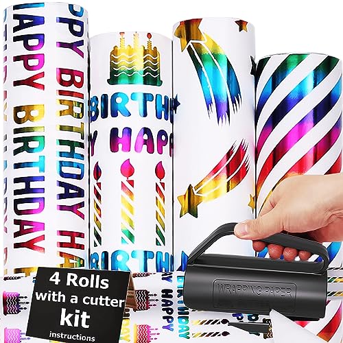 THMORT Birthday Wrapping Paper Roll with a Cutter Kit for Boys&Girls,Adults,Kids Princess Pink Barbies 17 Inch X 120 Inch Colorful Foil Gift Wrapping Paper Rainbow Baby Shower