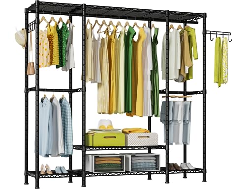 Ulif E3 Heavy Duty Garment Rack, 4 Tiers Freestanding Closet Organizer System with 5 Shelves, Metal Closet Organizer and Storage System for Clothes, Max Load 650lbs, 57.1"W x 14.5"D x 77.3"H, Black