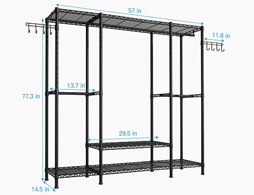 Ulif E3 Heavy Duty Garment Rack, 4 Tiers Freestanding Closet Organizer System with 5 Shelves, Metal Closet Organizer and Storage System for Clothes, Max Load 650lbs, 57.1"W x 14.5"D x 77.3"H, Black