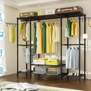 Ulif E3 Heavy Duty Garment Rack, 4 Tiers Freestanding Closet Organizer System with 5 Shelves, Metal Closet Organizer and Storage System for Clothes, Max Load 650lbs, 57.1"W x 14.5"D x 77.3"H, Black