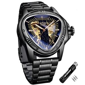 winner fashion mechanical wrist watch triangle racing dial, waterproof golden skeleton dial automatic movement stainless steel design mechanical watch for men