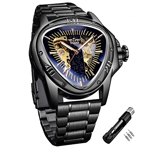 Winner Fashion Mechanical Wrist Watch Triangle Racing Dial, Waterproof Golden Skeleton Dial Automatic Movement Stainless Steel Design Mechanical Watch for Men