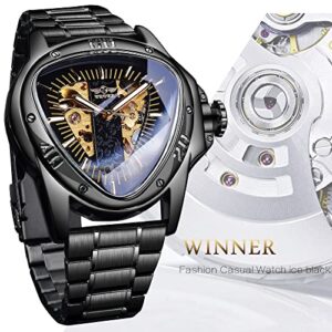 Winner Fashion Mechanical Wrist Watch Triangle Racing Dial, Waterproof Golden Skeleton Dial Automatic Movement Stainless Steel Design Mechanical Watch for Men