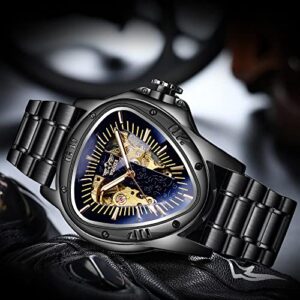 Winner Fashion Mechanical Wrist Watch Triangle Racing Dial, Waterproof Golden Skeleton Dial Automatic Movement Stainless Steel Design Mechanical Watch for Men