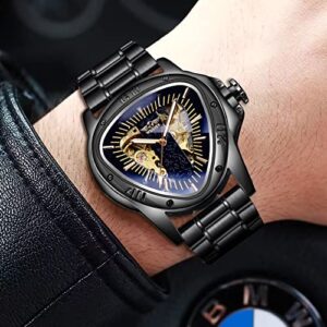 Winner Fashion Mechanical Wrist Watch Triangle Racing Dial, Waterproof Golden Skeleton Dial Automatic Movement Stainless Steel Design Mechanical Watch for Men