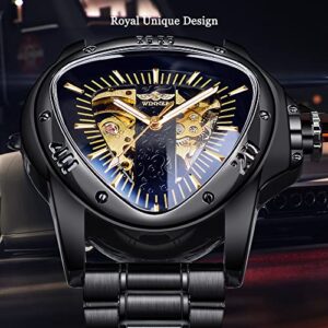 Winner Fashion Mechanical Wrist Watch Triangle Racing Dial, Waterproof Golden Skeleton Dial Automatic Movement Stainless Steel Design Mechanical Watch for Men