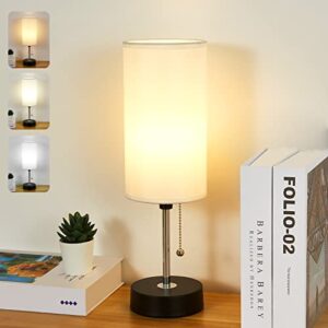 outioe bedside table lamps for bedroom - nightstand lamp with pull chain and bulb，modern small desk lamp with 3 color modes and white round fabric shade for kids room, bedroom decor.