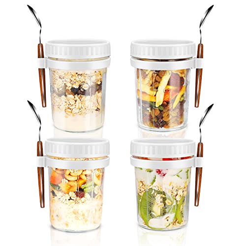 Bupto 4 Pack Overnight Oats Containers with Lids and Spoons, 16 oz Airtight Overnight Oats Jars with Measurement Marks Salad Jars for Cereal Milk Yogurt Vegetable Fruit(4 white)