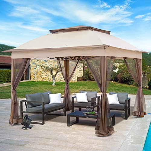 INTER HUT 11x11 Outdoor Pop up Gazebo Tent with Mesh Walls for Patio, Lawn, Backyard and Deck, Beige