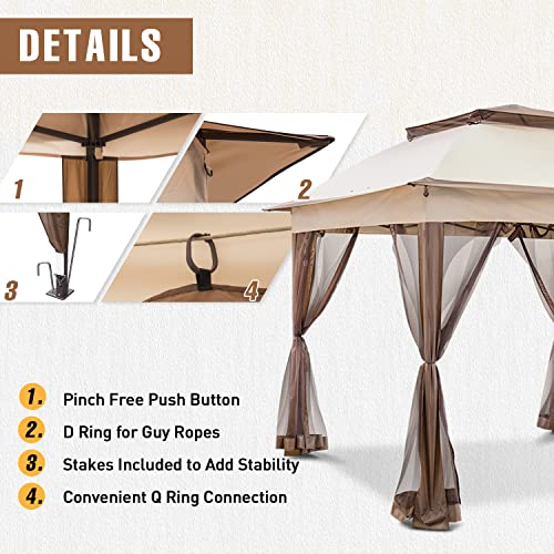 INTER HUT 11x11 Outdoor Pop up Gazebo Tent with Mesh Walls for Patio, Lawn, Backyard and Deck, Beige