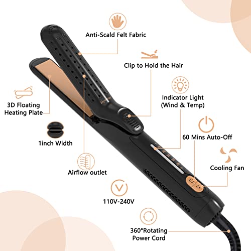 Hywestger Flat Iron Hair Straightener and Curler 2 in1 | 360° Airflow Styler Curling Iron with 80 Ionic Cooling Air Vents, 5 Adjustable Temperature Settings, 15s Fast Heating & Dual Voltage