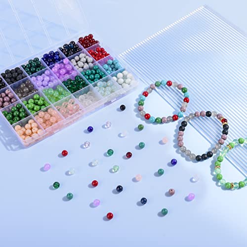 UNIAYSENG 600PCS Round Glass Beads for Jewelry Making, 24 Color DIY Gemstone Crystal Beads Bracelet Making Kit Healing Chakra Beads，8mm Loose Beads Crystal Spacers for Friendship Bracelet