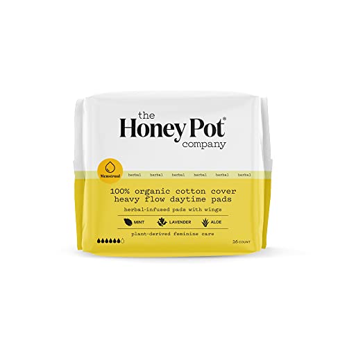 The Honey Pot Company - Daytime Heavy Flow Pads with Wings - Organic Pads for Women - Herbal Infused w/Essential Oils for Cooling Effect, Cotton Cover, & Ultra-Absorbent Pulp Core -16ct