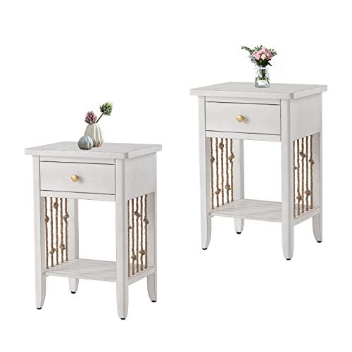 HOMPUS End Table with Draw & Shelf Sets of 2, 2 Pieces Bedside Table Sets, 2 Tier Wooden Small Side Table with Drawer, Accent Table Nightstand with Real Hemp Rope for Living Room, Bedroom