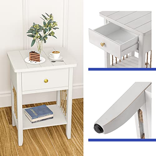 HOMPUS End Table with Draw & Shelf Sets of 2, 2 Pieces Bedside Table Sets, 2 Tier Wooden Small Side Table with Drawer, Accent Table Nightstand with Real Hemp Rope for Living Room, Bedroom