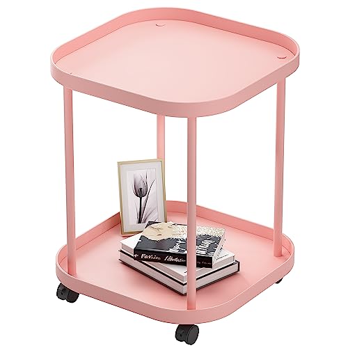 villertech Side Table with Wheels, End Table Living Room Plastic Mobile Sofa Side Table Small Night Stand Bedroom Pink