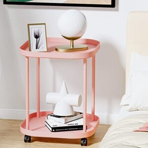 villertech Side Table with Wheels, End Table Living Room Plastic Mobile Sofa Side Table Small Night Stand Bedroom Pink