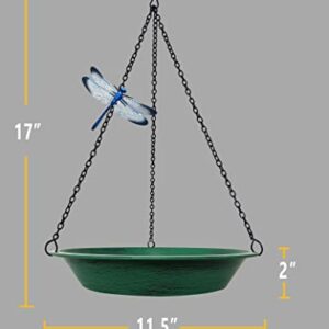 Keygift Hanging Bird Bath for Outdoor, Antique Green Metal Bird Feeder Birdbath Bowl with 17” Rust-Proof Black Chains for Garden Backyard Decor