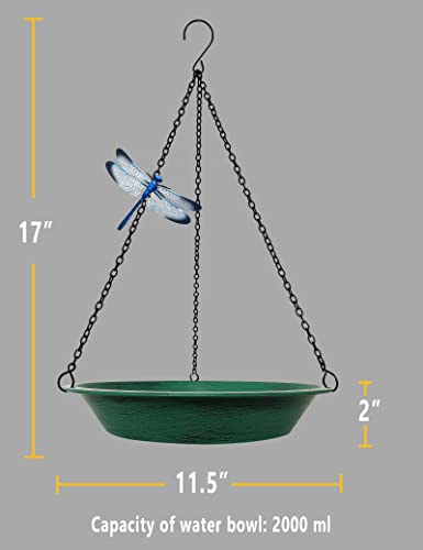 Keygift Hanging Bird Bath for Outdoor, Antique Green Metal Bird Feeder Birdbath Bowl with 17” Rust-Proof Black Chains for Garden Backyard Decor