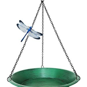 Keygift Hanging Bird Bath for Outdoor, Antique Green Metal Bird Feeder Birdbath Bowl with 17” Rust-Proof Black Chains for Garden Backyard Decor