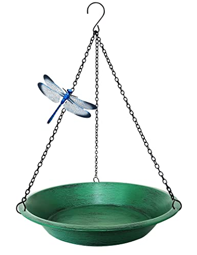 Keygift Hanging Bird Bath for Outdoor, Antique Green Metal Bird Feeder Birdbath Bowl with 17” Rust-Proof Black Chains for Garden Backyard Decor