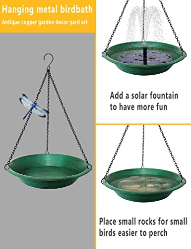 Keygift Hanging Bird Bath for Outdoor, Antique Green Metal Bird Feeder Birdbath Bowl with 17” Rust-Proof Black Chains for Garden Backyard Decor