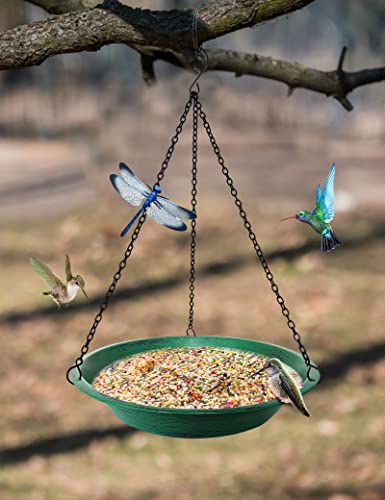 Keygift Hanging Bird Bath for Outdoor, Antique Green Metal Bird Feeder Birdbath Bowl with 17” Rust-Proof Black Chains for Garden Backyard Decor