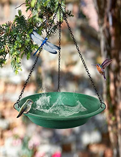 Keygift Hanging Bird Bath for Outdoor, Antique Green Metal Bird Feeder Birdbath Bowl with 17” Rust-Proof Black Chains for Garden Backyard Decor