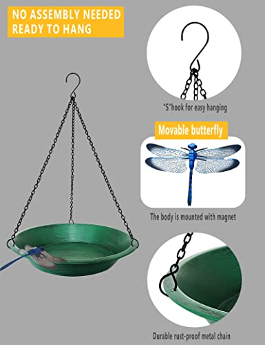 Keygift Hanging Bird Bath for Outdoor, Antique Green Metal Bird Feeder Birdbath Bowl with 17” Rust-Proof Black Chains for Garden Backyard Decor