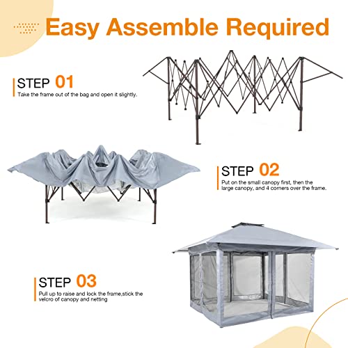 OC Orange-Casual 13’x13’ Pop Up Gazebo, Outdoor Gazebo Tent with Double Vented Roof Canopy, Powder Coated Steel and UV Protected Fabric, W/Netting Walls, for Garden, Yard, Lawn, Grey