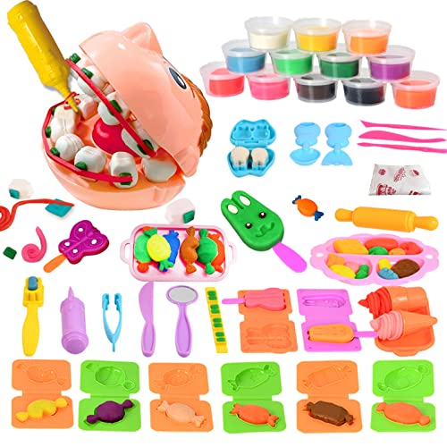 GOVOY Play Clay Dough Dentist Set Doctor Drill and Fill Dentist Toy Smile Dentist Kit Pretend Play Set 53pcs for Kids 3 Years Old and UP