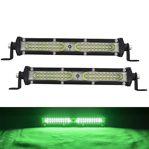 Ultra Slim Single Row Green LED Offroad Driving Fog Lights Bar Green Hunting Fishing Lights 2Pcs 7Inch Waterproof Auxiliary Work Lights Grille Lights Bar fit for Fish Pig Deer Truck Trator Boat Cars