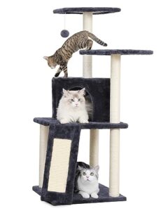 ksiia cat tree for indoor cats 43 inch tall cat climbing tower with sisal-covered scratching post & board modern kittens activity condo house with plush perch, grey