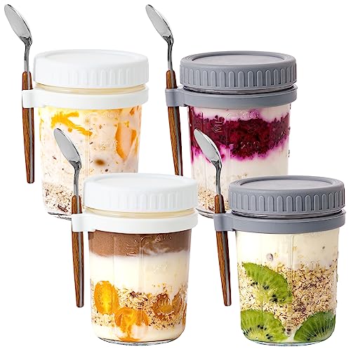 Famyards 4 Pack Overnight Oats Containers with Airtight Lids and Spoons, 16 oz Glass Mason Jars with Measurement Marks, Oatmeal Jars for Cereal, Yogurt, Milk, Salads, Fruit (2 White and 2 Grey)