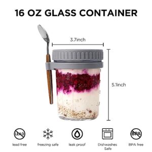 Famyards 4 Pack Overnight Oats Containers with Airtight Lids and Spoons, 16 oz Glass Mason Jars with Measurement Marks, Oatmeal Jars for Cereal, Yogurt, Milk, Salads, Fruit (2 White and 2 Grey)