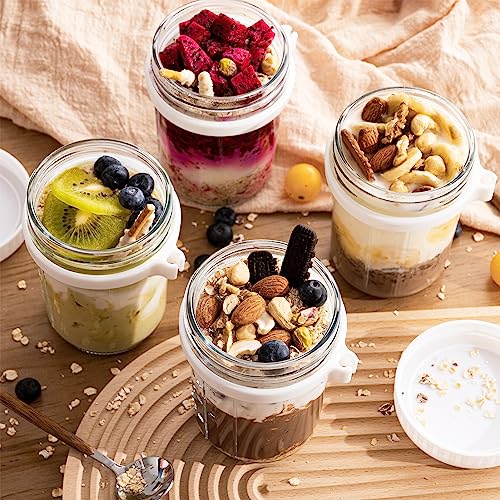 Famyards 4 Pack Overnight Oats Containers with Airtight Lids and Spoons, 16 oz Glass Mason Jars with Measurement Marks, Oatmeal Jars for Cereal, Yogurt, Milk, Salads, Fruit (2 White and 2 Grey)