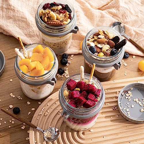 Famyards 4 Pack Overnight Oats Containers with Airtight Lids and Spoons, 16 oz Glass Mason Jars with Measurement Marks, Oatmeal Jars for Cereal, Yogurt, Milk, Salads, Fruit (2 White and 2 Grey)