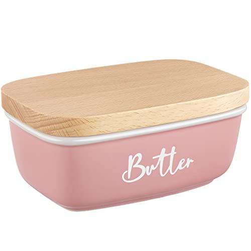 ALELION Pink Butter Dish with Lid for Countertop - Ceramic Farmhouse Butter Keeper Container with Thick Beech Wood Lid - Pink Kitchen Home Decor and Accessories for Kitchen Gifts