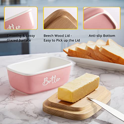 ALELION Pink Butter Dish with Lid for Countertop - Ceramic Farmhouse Butter Keeper Container with Thick Beech Wood Lid - Pink Kitchen Home Decor and Accessories for Kitchen Gifts