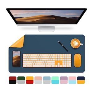 leather desk pad protector,pu leather dual side large mouse pad, non-slip and waterproof writing mat 31.5" x 15.7",laptop desk table protector for office work and home decoration (dark blue + yellow)