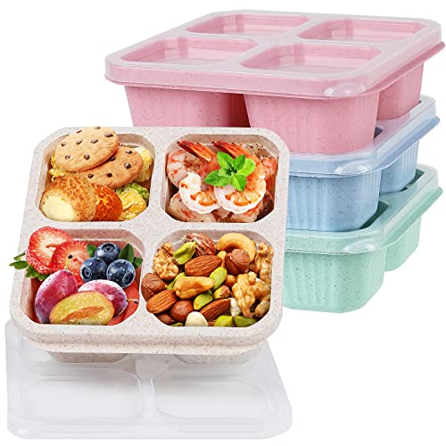 buluker 4 Pack Bento Snack Containers Set， 4 Compartment Food Storage Containers Wheat Straw Meal Prep Lunch Box Plastic Food Storage Containers, Microwave and Dishwasher Safe (4colour)