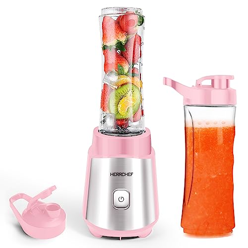 HERRCHEF Smoothie Blender, Blender for Shakes and Smoothies, 350W Powerful Personal Blender with 2 x 20oz Portable Bottle, Single Blender Easy To Clean, BPA Free(pink)