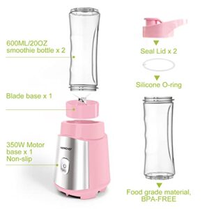 HERRCHEF Smoothie Blender, Blender for Shakes and Smoothies, 350W Powerful Personal Blender with 2 x 20oz Portable Bottle, Single Blender Easy To Clean, BPA Free(pink)