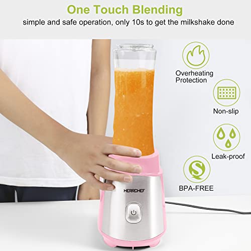 HERRCHEF Smoothie Blender, Blender for Shakes and Smoothies, 350W Powerful Personal Blender with 2 x 20oz Portable Bottle, Single Blender Easy To Clean, BPA Free(pink)